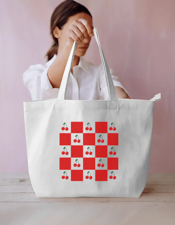 Cherry Checkerboard Tote Bag | Everyday Cotton Tote with Zipper ...